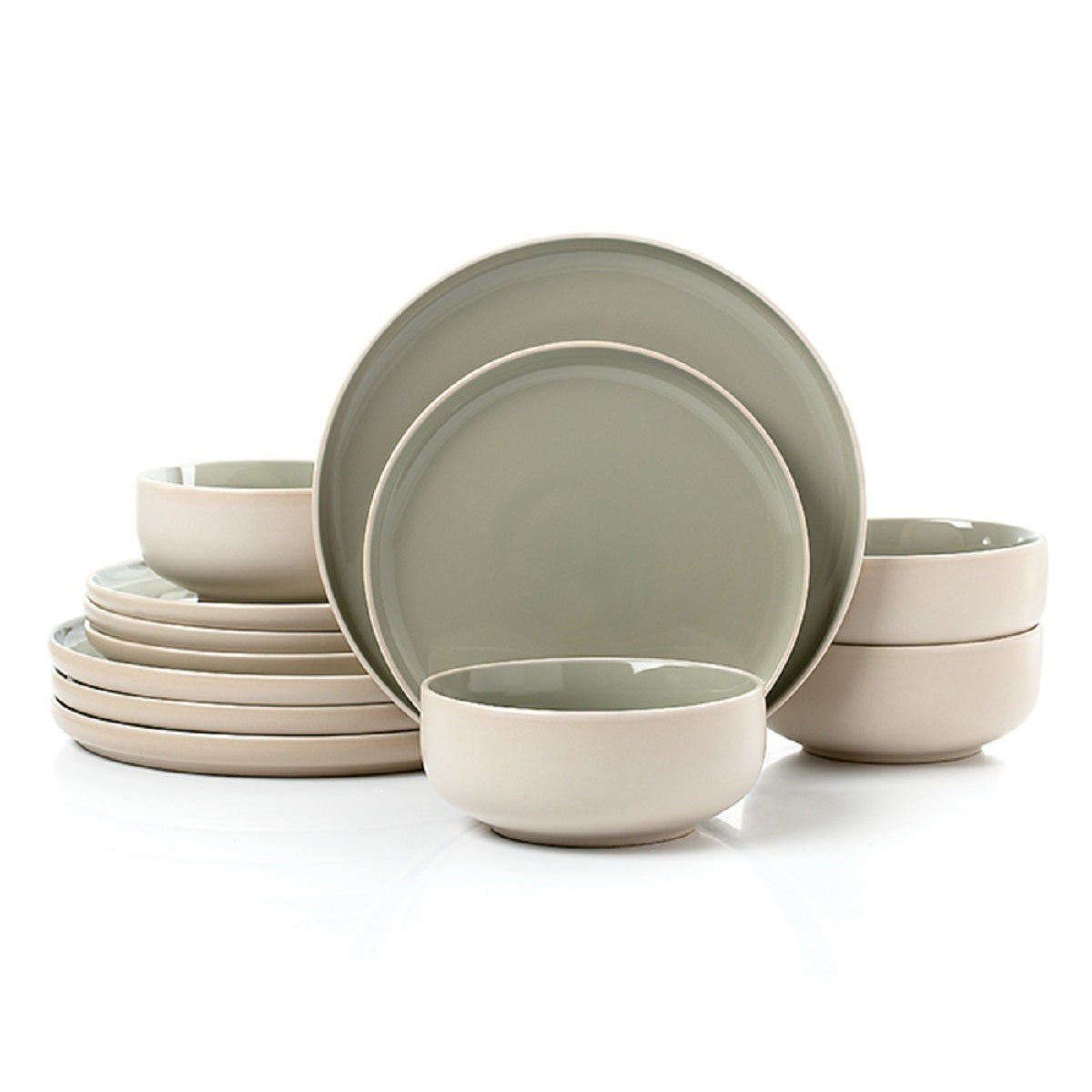 2tone (Matt & Shiny) Green & Cream Stoneware Dinnerware Set, 12 Pieces ...